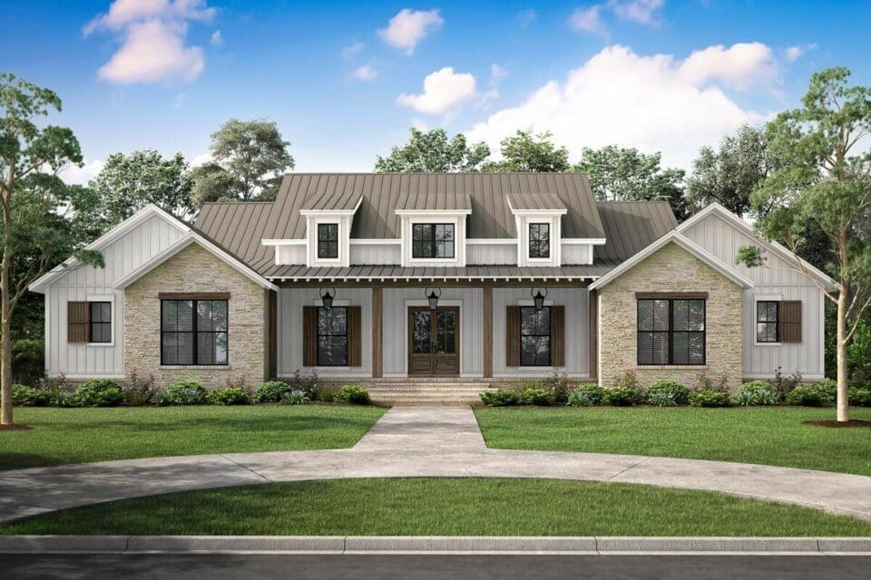 4-Bedroom 1-Story Modern Farmhouse with Symmetrical Facade (Floor Plan)