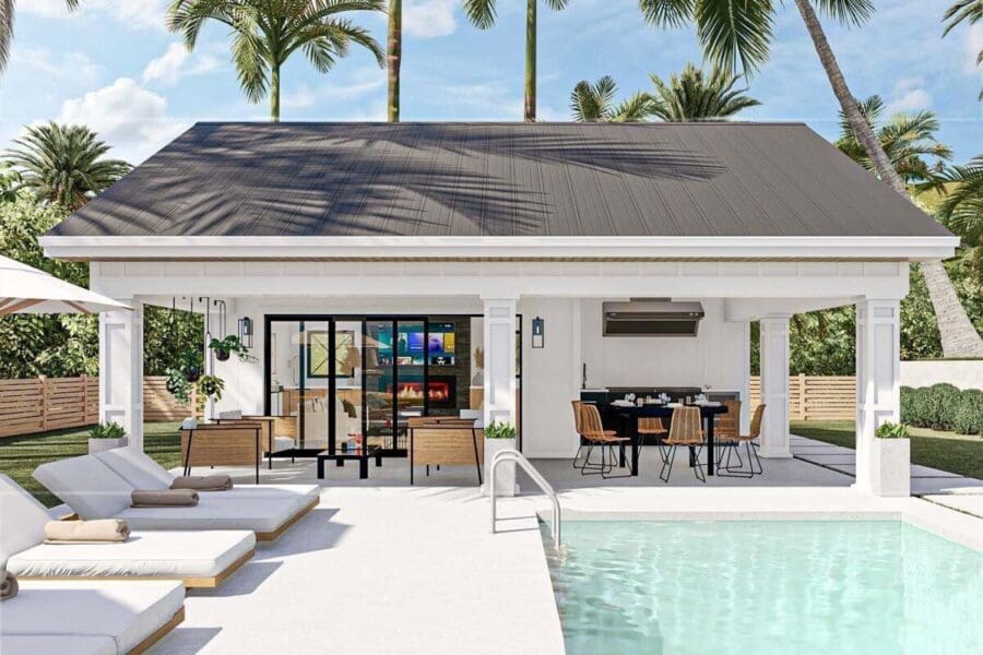 Cozy 1-Story Farmhouse Style Pool House with Covered Porch and ...