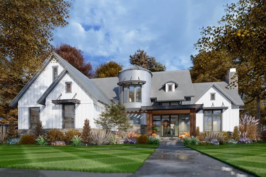 Dual-Story 4-Bedroom New American Style Farmhouse with Industrial Metal ...