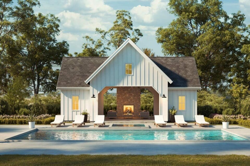 Compact Single-Story New American Farmhouse Style Pool House with ...