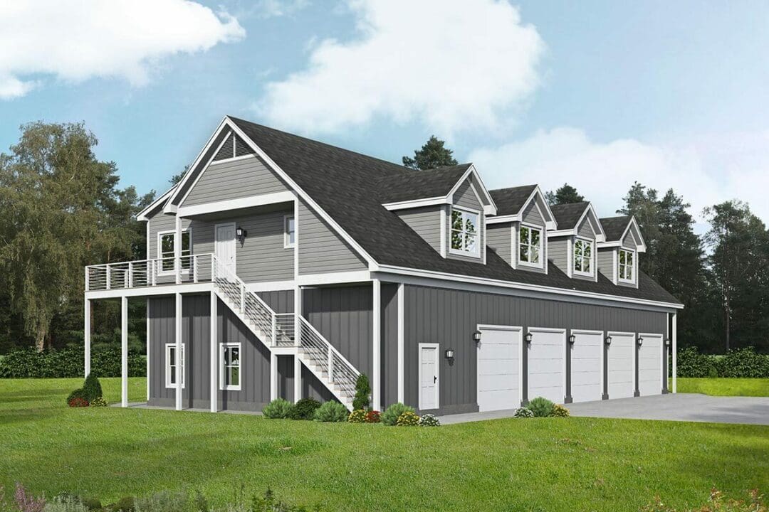 3-Bedroom Two-Story Barndominium Style Duplex House with 5 Garage Bays ...