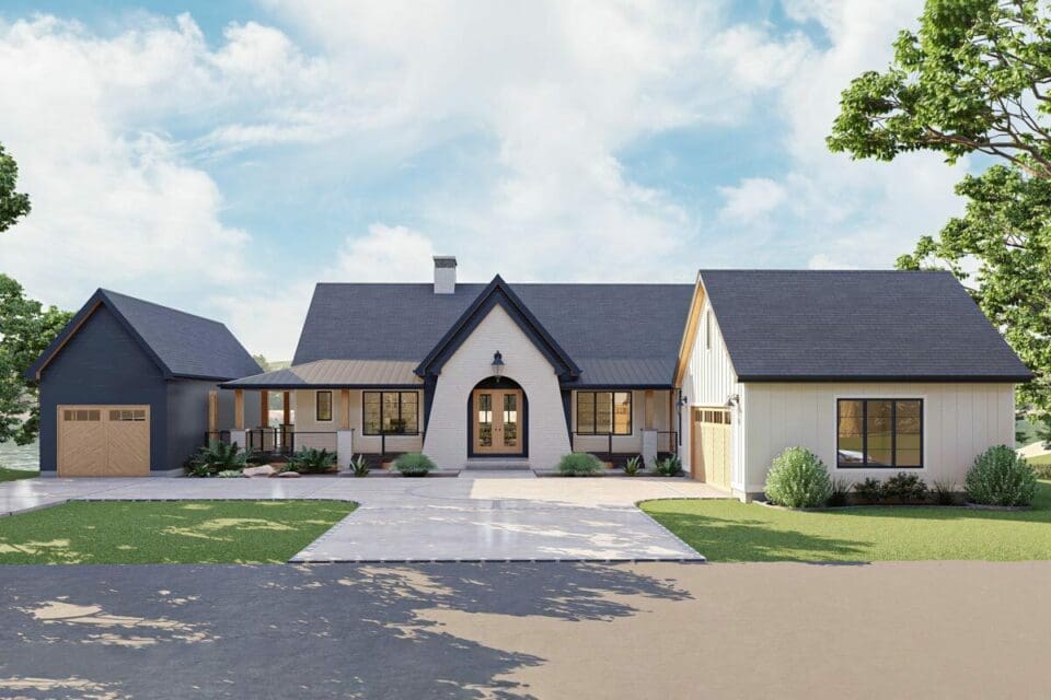 Single-Story 3-Bedroom Contemporary Lake Farmhouse with Vaulted Great ...