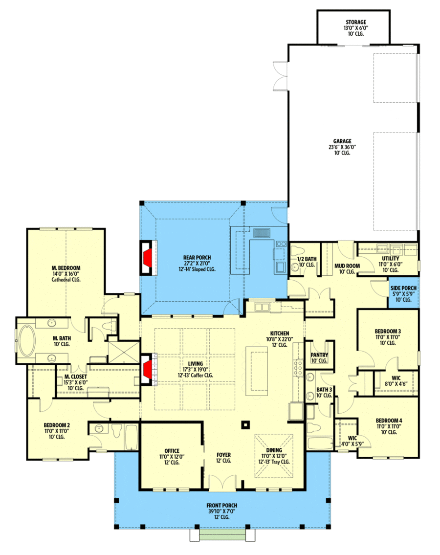Single-Story 4-Bedroom Modern Farmhouse with a Home Office (Floor Plan)