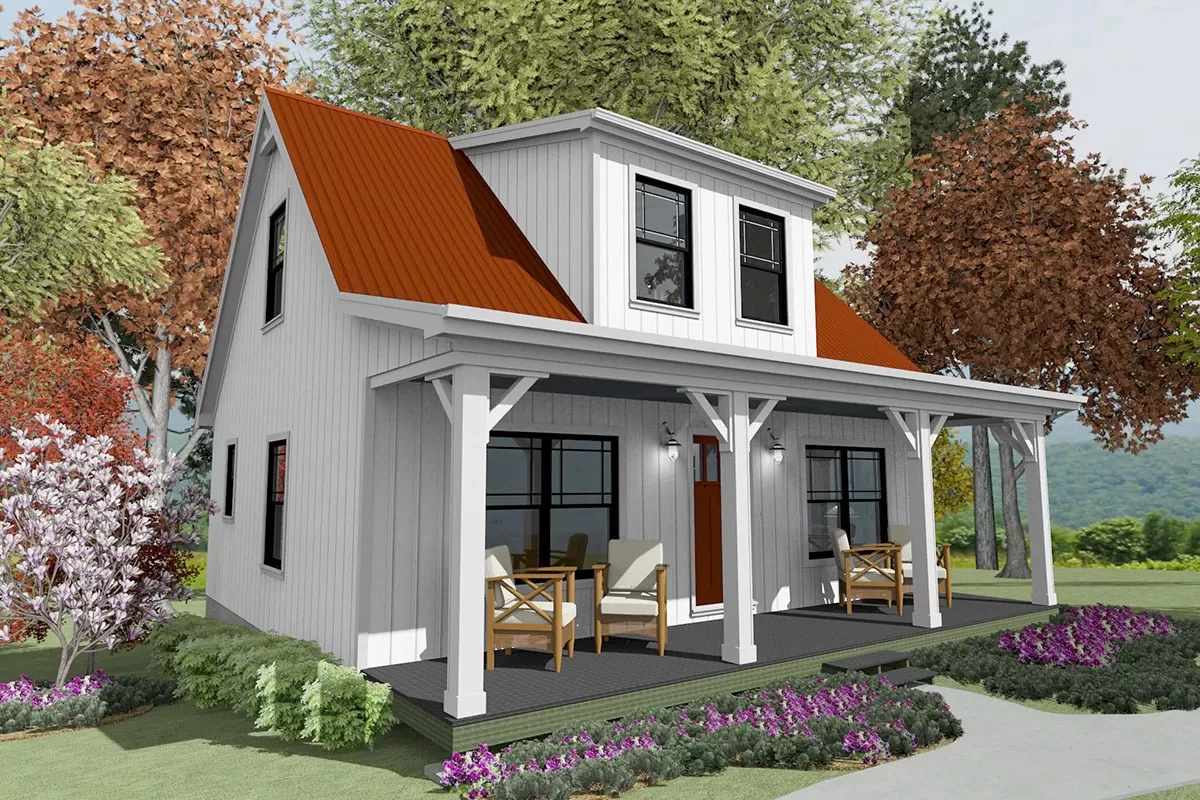 2-Bedroom Two-Story Farmhouse Cottage with 6'-Deep Front Porch (Floor Plan)