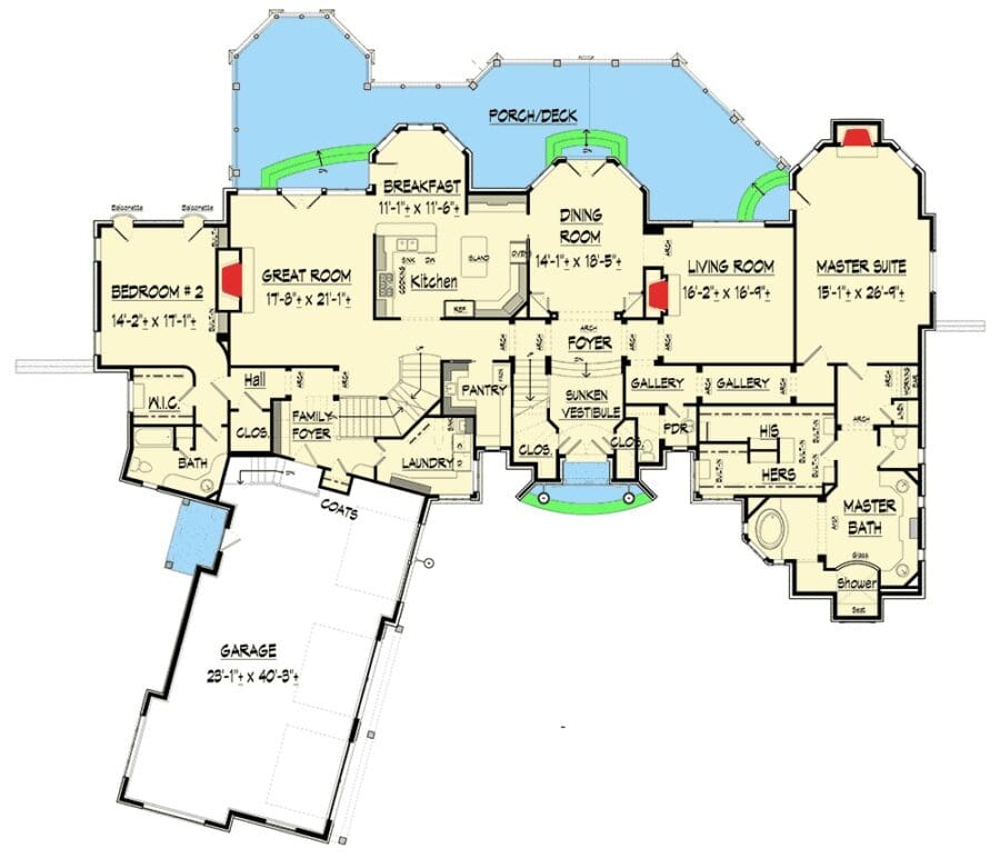 6-Bedroom 2-Story Luxury Home with Angled Courtyard Garage (Floor Plan)