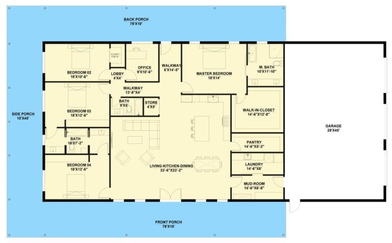 4-Bedroom 1-Story Country Barndominium with Home Office and Wrap-Around ...